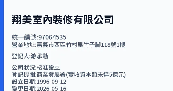 翔美室內裝修有限公司的照片-統編 97064535(嘉義市) 公司登記資料與營業項目詳細圖表