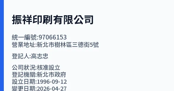 振祥印刷有限公司的照片-統編 97066153(新北市) 公司登記資料與營業項目詳細圖表
