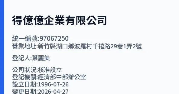 得億億企業有限公司的照片-統編 97067250(新竹縣) 公司登記資料與營業項目詳細圖表