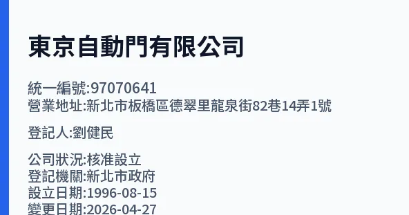 東京自動門有限公司的照片-統編 97070641(新北市) 公司登記資料與營業項目詳細圖表
