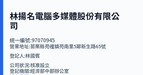 林揚名電腦多媒體股份有限公司的照片-統編 97070945(苗栗縣) 公司登記資料與營業項目詳細圖表