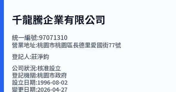 千龍騰企業有限公司的照片-統編 97071310(桃園市) 公司登記資料與營業項目詳細圖表