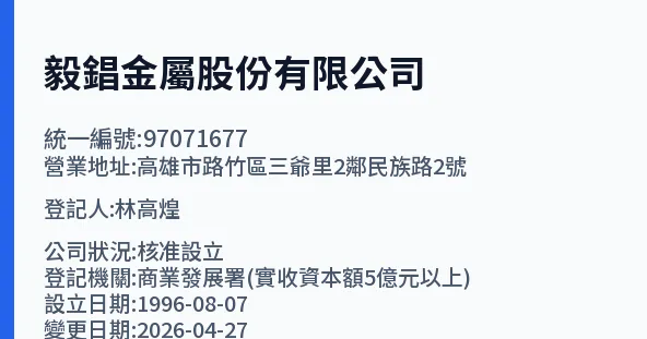 毅錩金屬股份有限公司的照片-統編 97071677(高雄市) 公司登記資料與營業項目詳細圖表