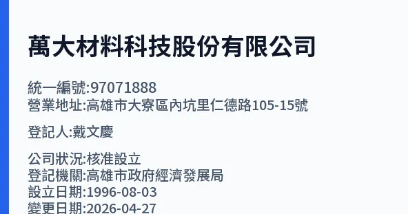 萬大材料科技股份有限公司的照片-統編 97071888(高雄市) 公司登記資料與營業項目詳細圖表