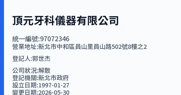 頂元牙科儀器有限公司的照片-統編 97072346(新北市) 公司登記資料與營業項目詳細圖表