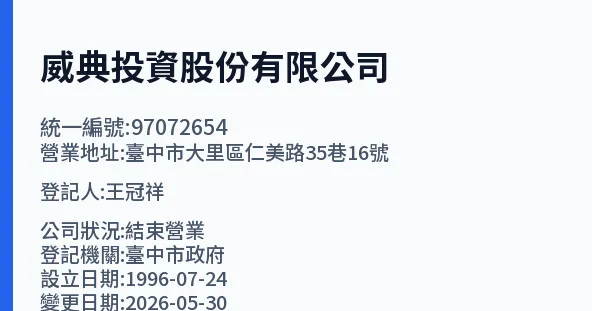 威典投資股份有限公司的照片-統編 97072654(臺中市) 公司登記資料與營業項目詳細圖表