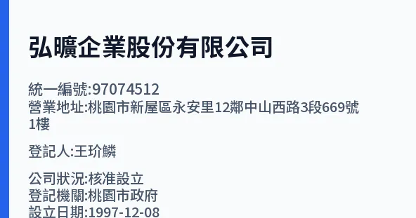 弘曠企業股份有限公司的照片-統編 97074512(桃園市) 公司登記資料與營業項目詳細圖表