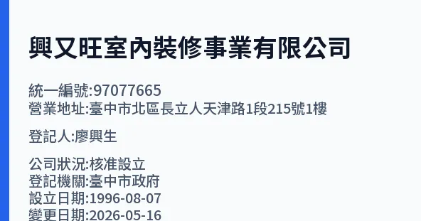 興又旺室內裝修事業有限公司的照片-統編 97077665(臺中市) 公司登記資料與營業項目詳細圖表
