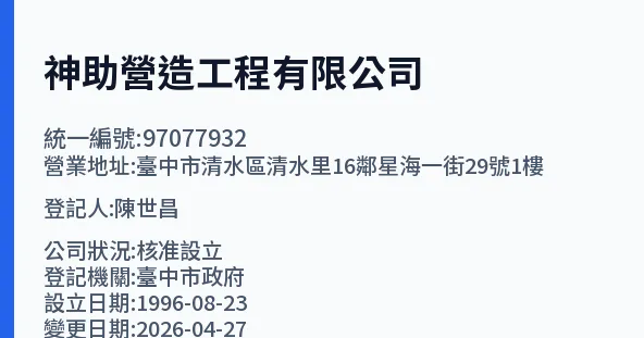 神助營造工程有限公司的照片-統編 97077932(臺中市) 公司登記資料與營業項目詳細圖表