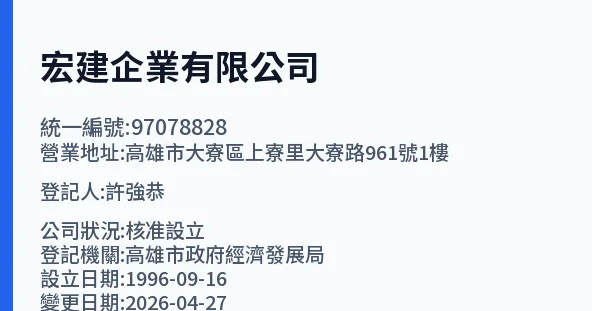 宏建企業有限公司的照片-統編 97078828(高雄市) 公司登記資料與營業項目詳細圖表