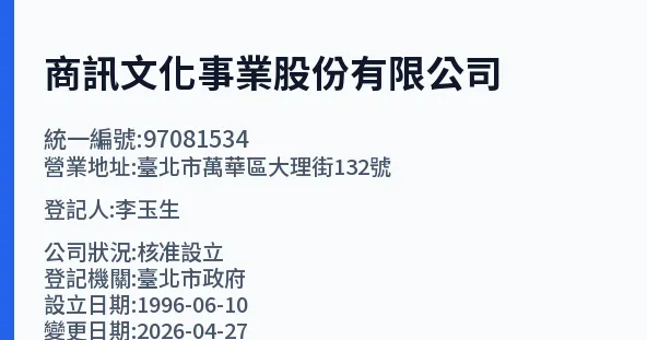 商訊文化事業股份有限公司的照片-統編 97081534(臺北市) 公司登記資料與營業項目詳細圖表