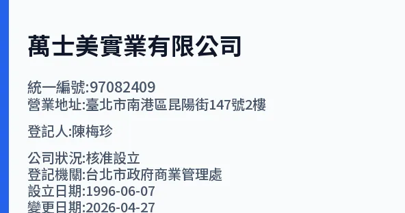 萬士美實業有限公司的照片-統編 97082409(臺北市) 公司登記資料與營業項目詳細圖表