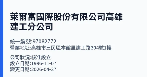 萊爾富國際股份有限公司高雄建工分公司的照片-統編 97082772(高雄市) 公司登記資料與營業項目詳細圖表