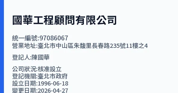 國華工程顧問有限公司的照片-統編 97086067(臺北市) 公司登記資料與營業項目詳細圖表