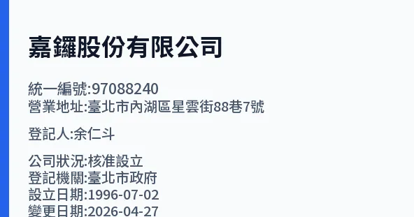 嘉鑼股份有限公司的照片-統編 97088240(臺北市) 公司登記資料與營業項目詳細圖表