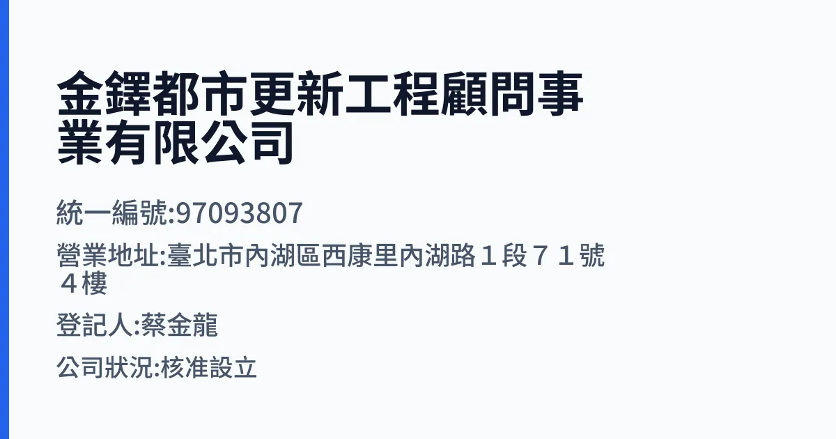金鐸都市更新工程顧問事業有限公司 - 統編 97093807(臺北市) 公司登記資料與營業項目詳細圖表