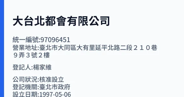 大台北都會有限公司的照片-統編 97096451(臺北市) 公司登記資料與營業項目詳細圖表