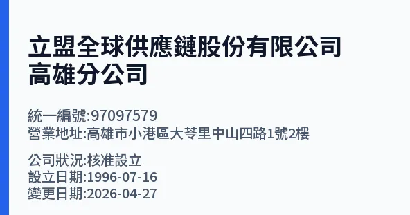 立盟全球供應鏈股份有限公司高雄分公司的照片-統編 97097579(高雄市) 公司登記資料與營業項目詳細圖表