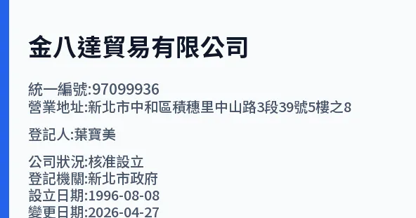 金八達貿易有限公司的照片-統編 97099936(新北市) 公司登記資料與營業項目詳細圖表