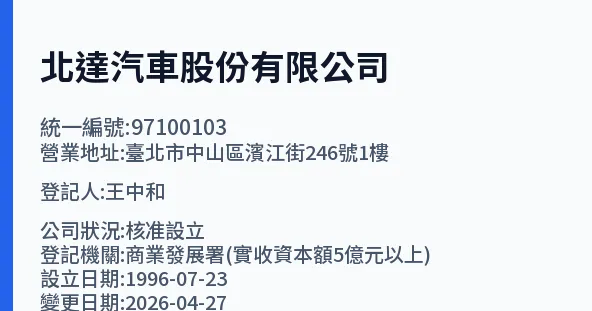 北達汽車股份有限公司的照片-統編 97100103(臺北市) 公司登記資料與營業項目詳細圖表