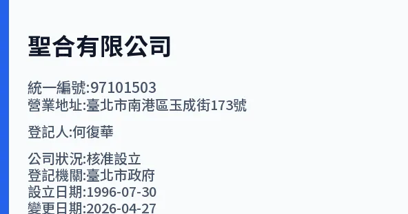 聖合有限公司的照片-統編 97101503(臺北市) 公司登記資料與營業項目詳細圖表