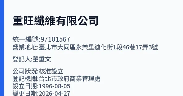 重旺纖維有限公司的照片-統編 97101567(臺北市) 公司登記資料與營業項目詳細圖表