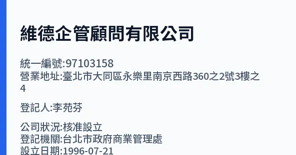 維德企管顧問有限公司的照片-統編 97103158(臺北市) 公司登記資料與營業項目詳細圖表