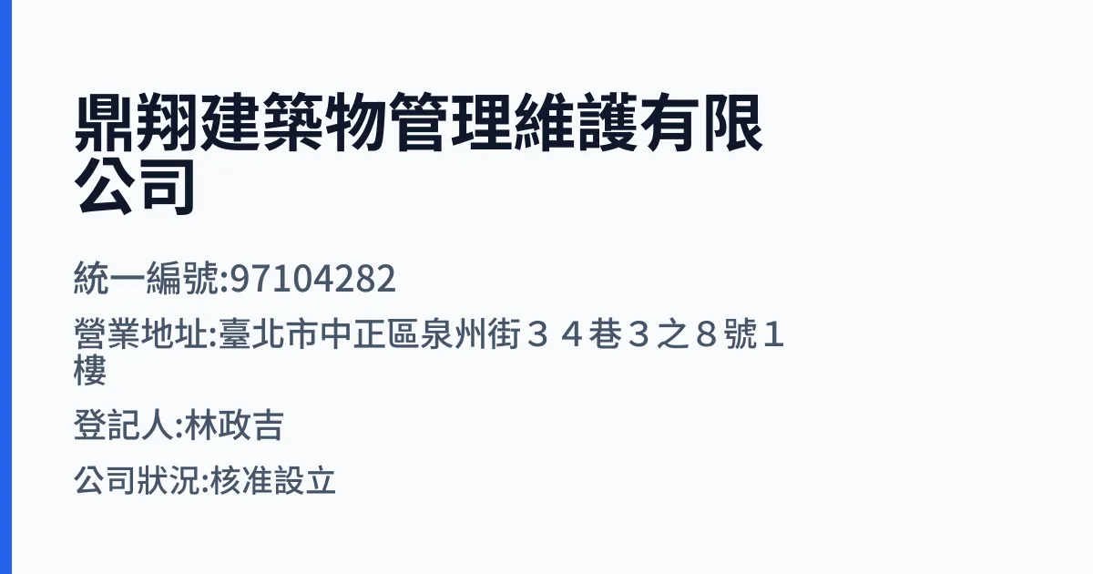 鼎翔建築物管理維護有限公司 - 統編 97104282(臺北市) 公司登記資料與營業項目詳細圖表