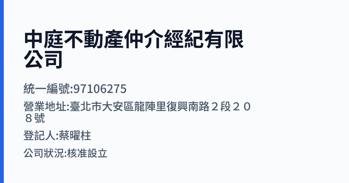 中庭不動產仲介經紀有限公司 - 統編 97106275（臺北市） 公司登記資料與營業項目詳細圖表