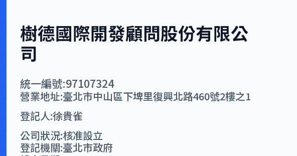 樹德國際開發顧問股份有限公司的照片-統編 97107324(臺北市) 公司登記資料與營業項目詳細圖表