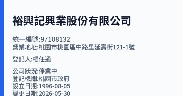 裕興記興業股份有限公司的照片-統編 97108132(桃園市) 公司登記資料與營業項目詳細圖表