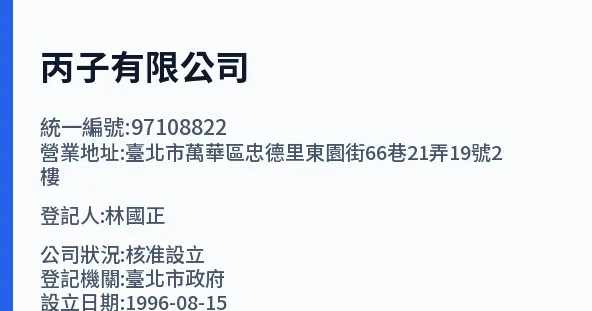 丙子有限公司的照片-統編 97108822(臺北市) 公司登記資料與營業項目詳細圖表