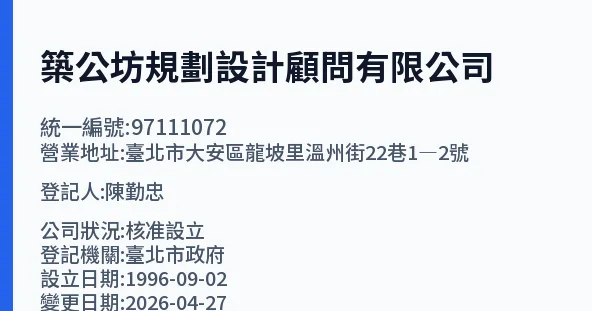 築公坊規劃設計顧問有限公司的照片-統編 97111072(臺北市) 公司登記資料與營業項目詳細圖表