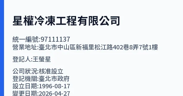 星權冷凍工程有限公司的照片-統編 97111137(臺北市) 公司登記資料與營業項目詳細圖表