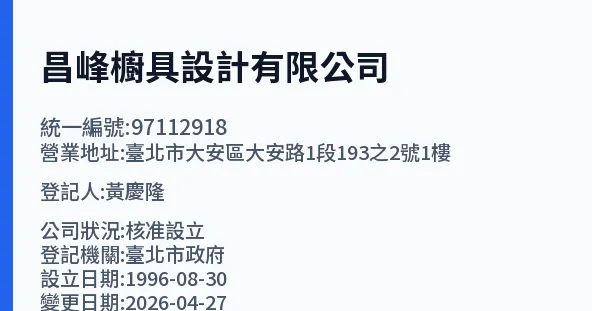 昌峰櫥具設計有限公司的照片-統編 97112918(臺北市) 公司登記資料與營業項目詳細圖表
