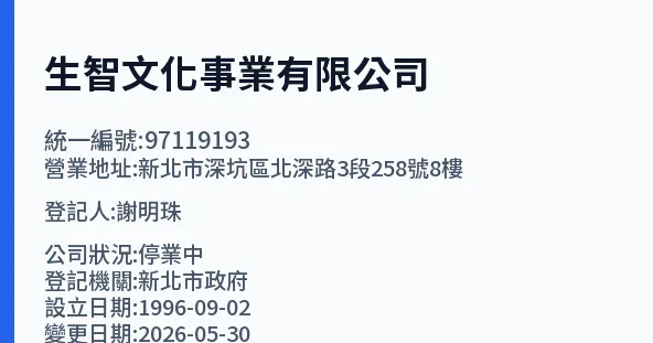 生智文化事業有限公司的照片-統編 97119193(新北市) 公司登記資料與營業項目詳細圖表