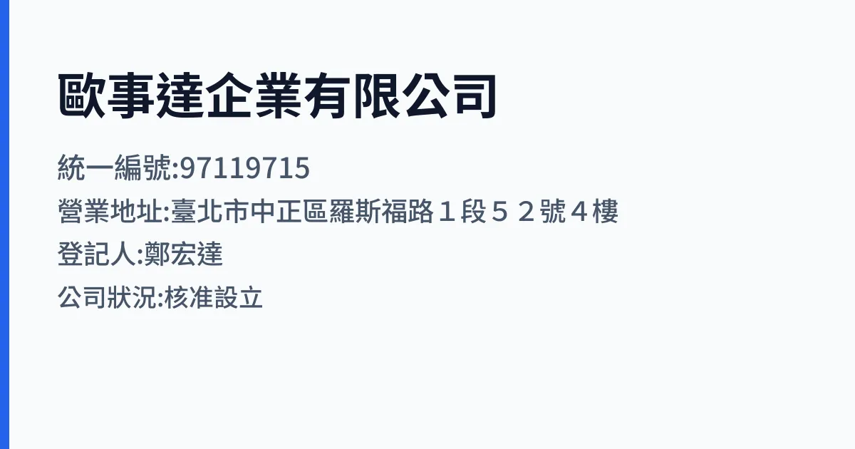 歐事達企業有限公司 - 統編 97119715(臺北市) 公司登記資料與營業項目詳細圖表