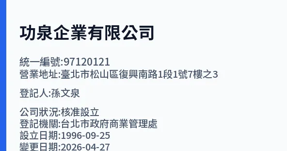 功泉企業有限公司的照片-統編 97120121(臺北市) 公司登記資料與營業項目詳細圖表