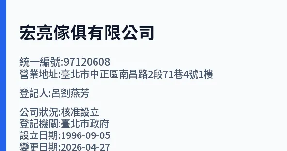 宏亮傢俱有限公司的照片-統編 97120608(臺北市) 公司登記資料與營業項目詳細圖表