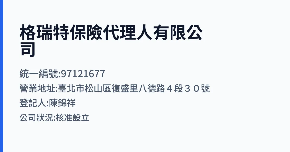 格瑞特保險代理人有限公司 - 統編 97121677(臺北市) 公司登記資料與營業項目詳細圖表