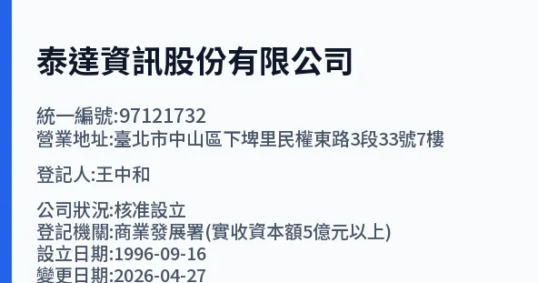泰達資訊股份有限公司的照片-統編 97121732(臺北市) 公司登記資料與營業項目詳細圖表