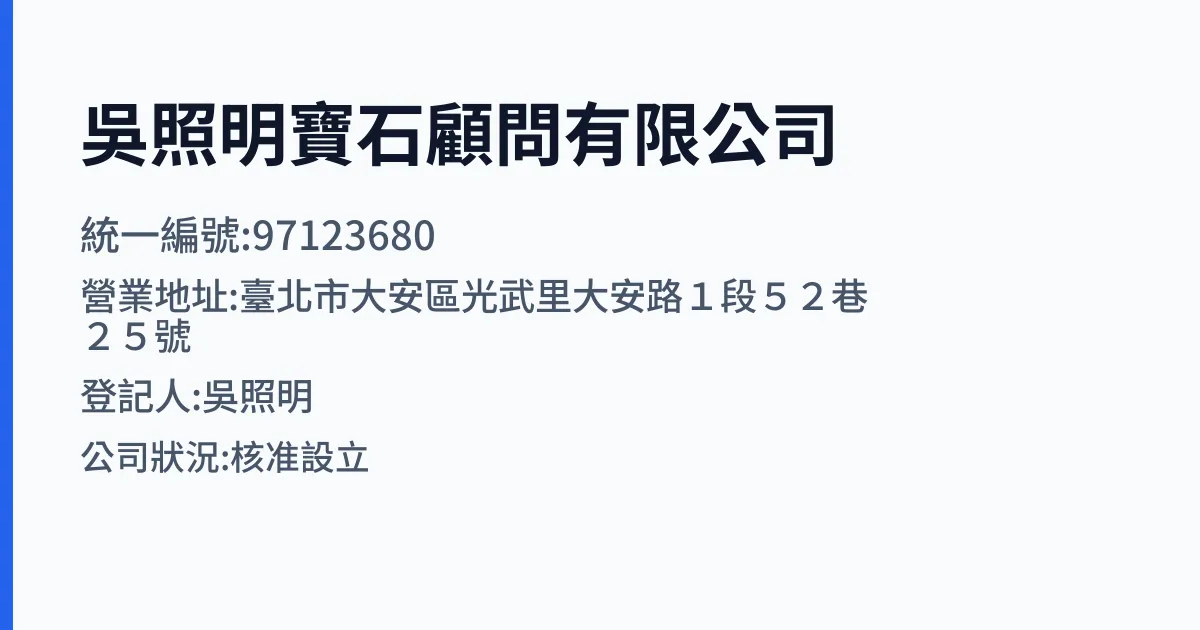 吳照明寶石顧問有限公司 - 統編 97123680(臺北市) 公司登記資料與營業項目詳細圖表