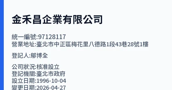 金禾昌企業有限公司的照片-統編 97128117(臺北市) 公司登記資料與營業項目詳細圖表