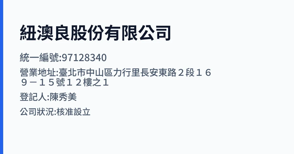 紐澳良股份有限公司 - 統編 97128340(臺北市) 公司登記資料與營業項目詳細圖表
