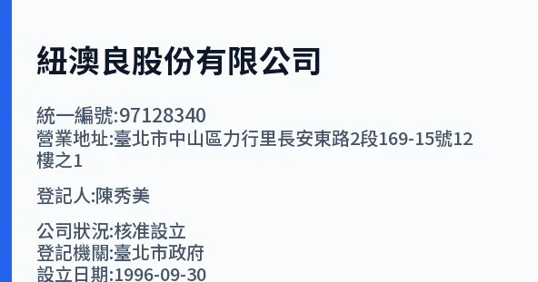 紐澳良股份有限公司的照片-統編 97128340(臺北市) 公司登記資料與營業項目詳細圖表
