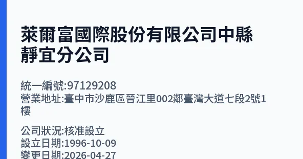 萊爾富國際股份有限公司中縣靜宜分公司的照片-統編 97129208(臺中市) 公司登記資料與營業項目詳細圖表
