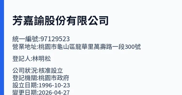 芳嘉諭股份有限公司的照片-統編 97129523(桃園市) 公司登記資料與營業項目詳細圖表