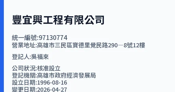 豐宜興工程有限公司的照片-統編 97130774(高雄市) 公司登記資料與營業項目詳細圖表