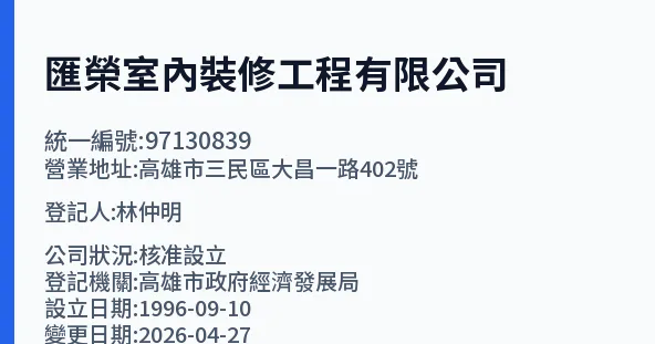 匯榮室內裝修工程有限公司的照片-統編 97130839(高雄市) 公司登記資料與營業項目詳細圖表
