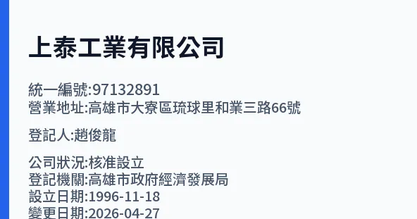 上泰工業有限公司的照片-統編 97132891(高雄市) 公司登記資料與營業項目詳細圖表